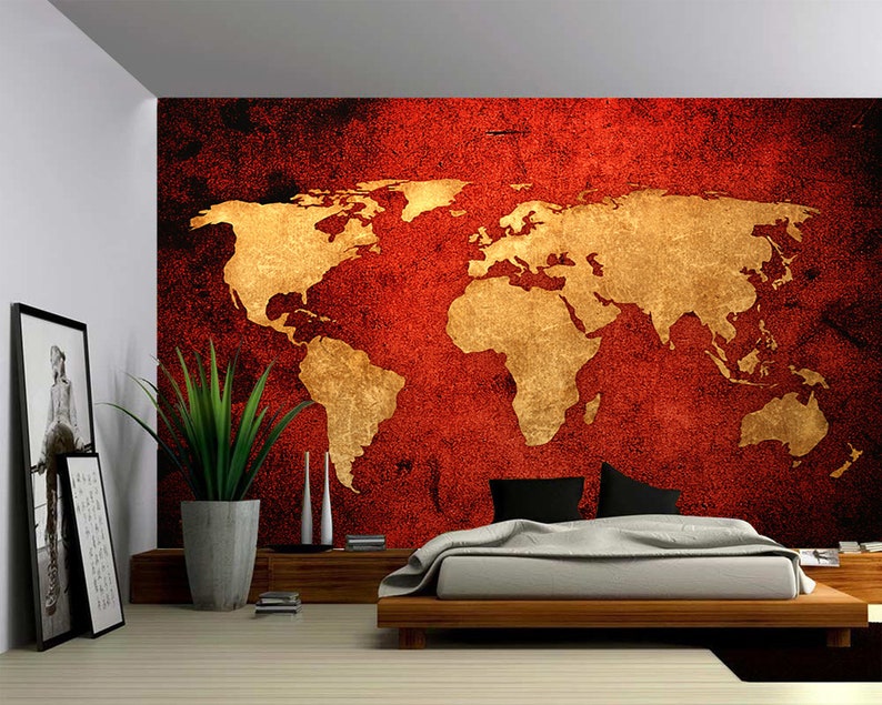 Red World Map Large Wall Mural Self-adhesive Vinyl - Etsy