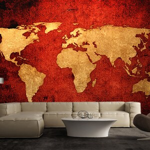 Red World Map Large Wall Mural, Self-adhesive Vinyl Wallpaper, Peel ...