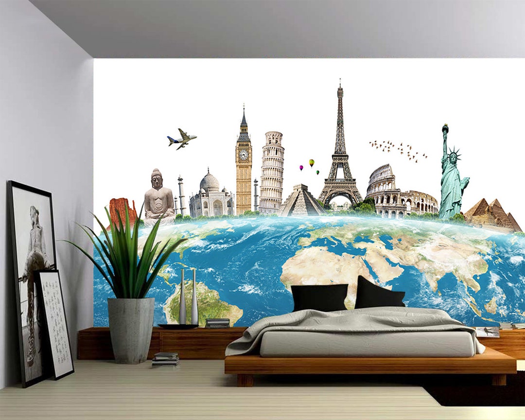Travel World Map Large Wall Mural, Self-adhesive Vinyl Wallpaper, Peel ...