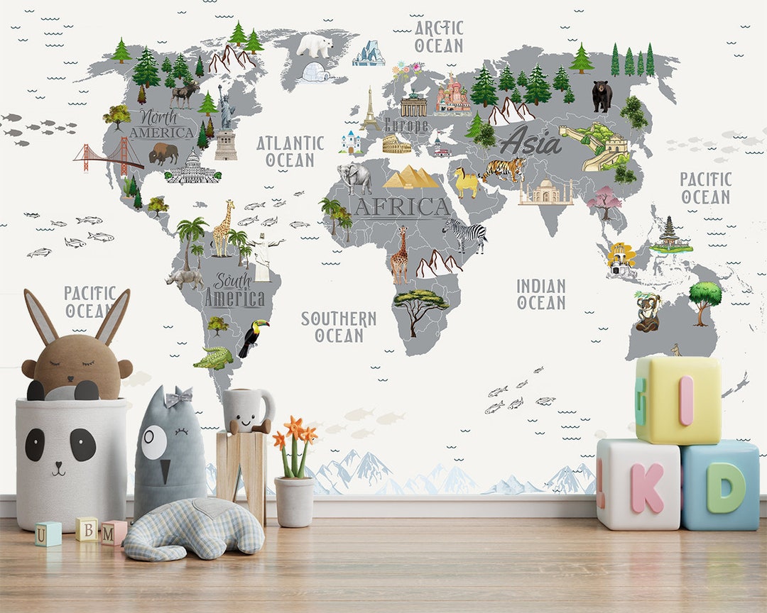World Landmarks, Children Map With Animal, World Map Wall Mural Self ...