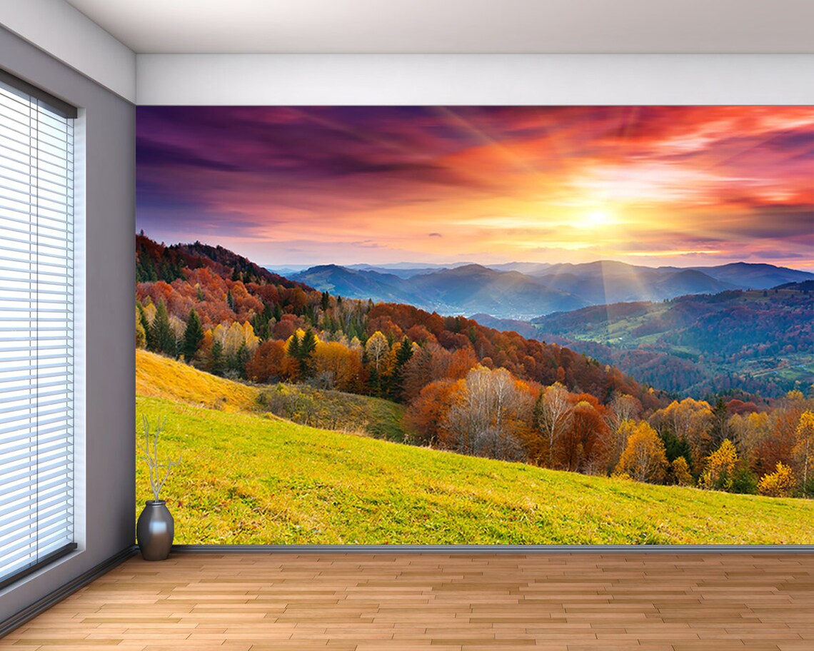 Autumn Mountain Sunset Forest Large Wall Mural - Etsy