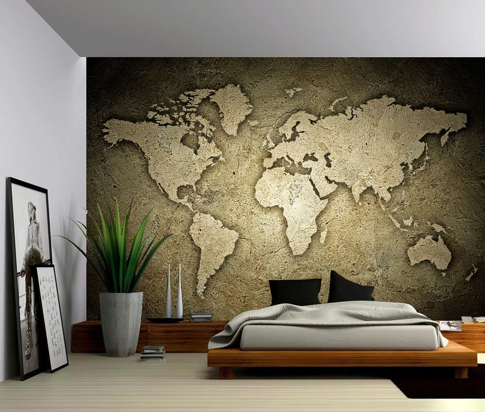 Sepia Stone Texture World Map Large Wall Mural - Etsy Canada