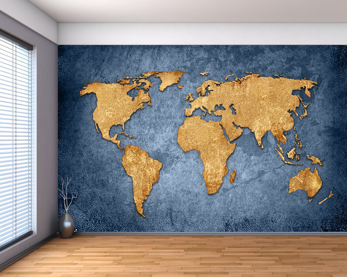 Blue Grey World Map Large Wall Mural Self-adhesive Vinyl - Etsy