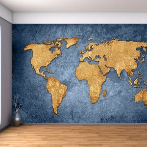 Blue Grey World Map Large Wall Mural, Self-adhesive Vinyl Wallpaper ...