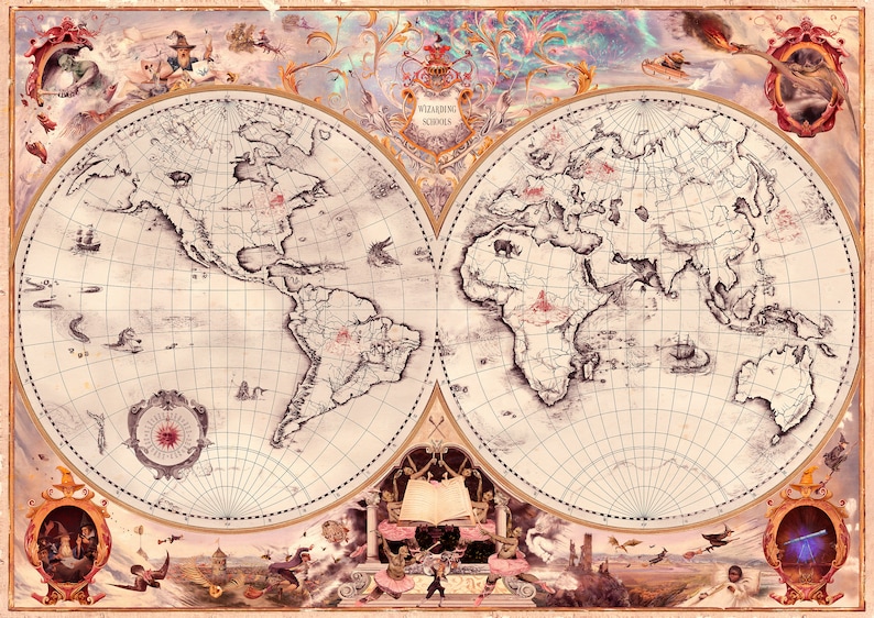 Harry Potter Wizarding Schools Map Of The World Art Poster | Etsy