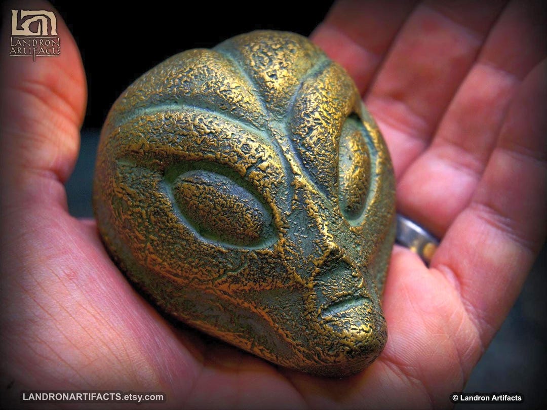 Grey Alien Stone Carving Artifact Replica Bronze Patina Color UFO Gift ...