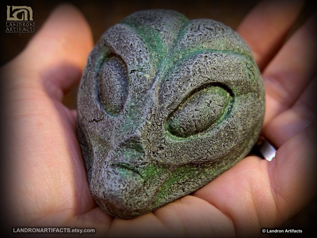 Grey Alien Stone Carving Artifact Replica Mossy Aztec Stone Color UFO ...