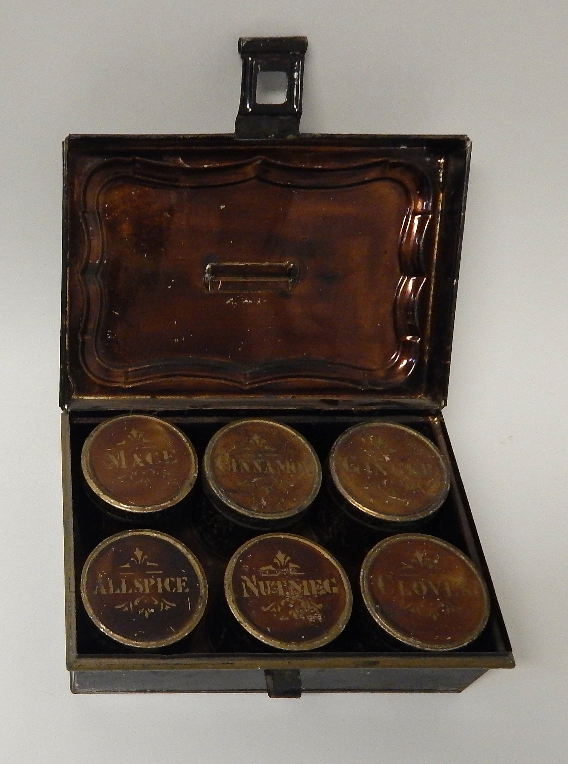 19th C. Antique Victorian Original Tole Paint Tin Box With 6 Spice ...