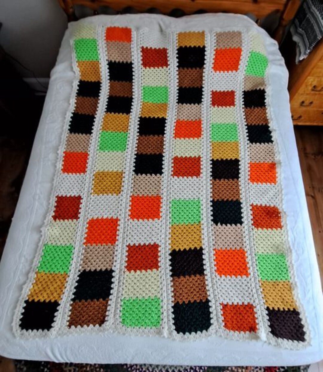 Vintage Granny Squares Multicolor Handmade Knit Crochet Afghan Blanket ...