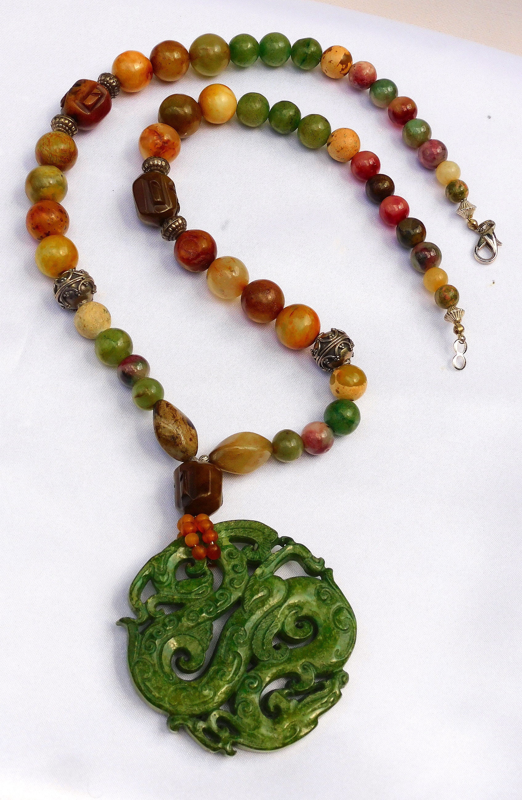 22 in Multi Colored Jade Dragon Pendant and Bead Necklace - Etsy