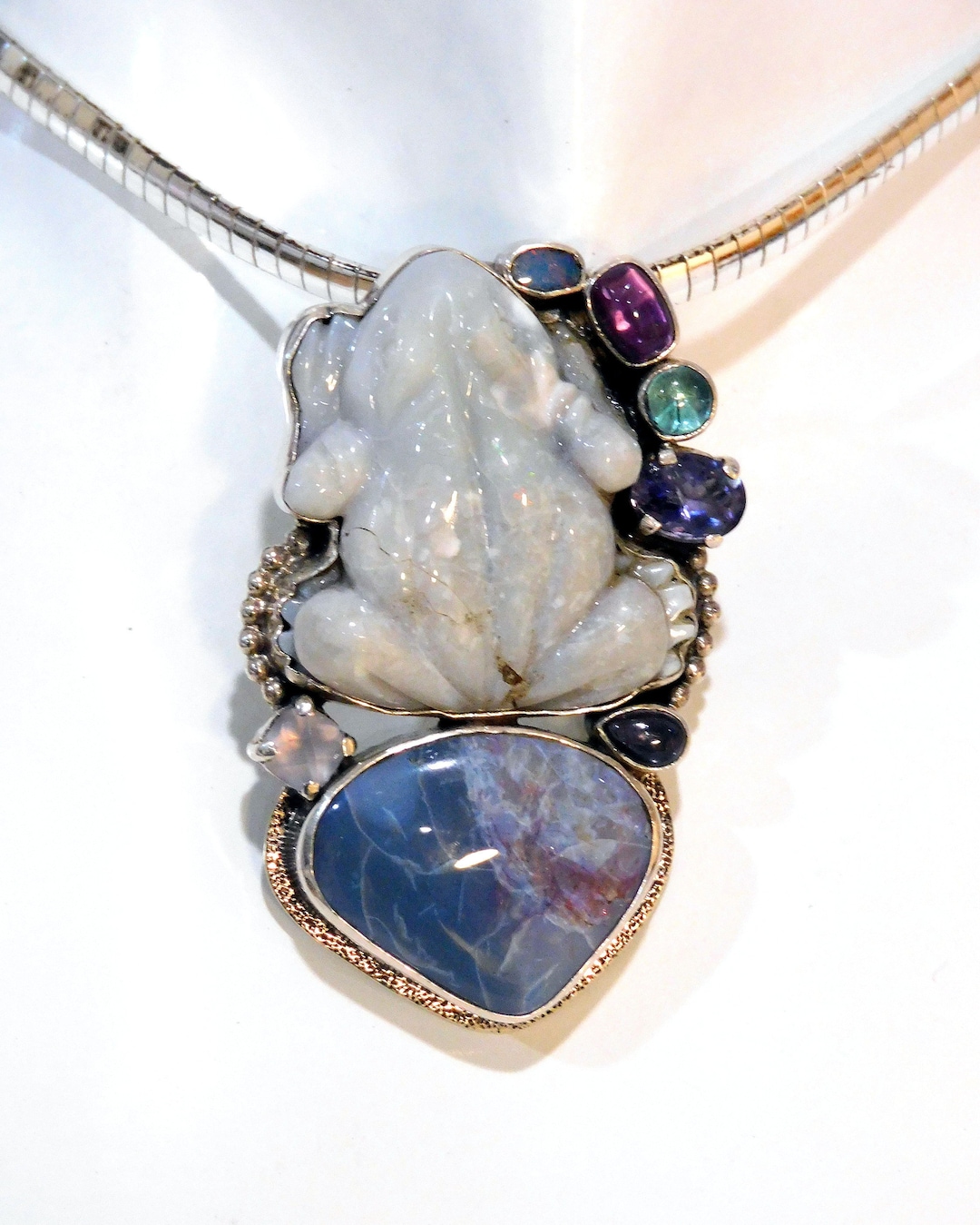 Amy Kahn Russell Sterling Silver Carved Opal Apatite Iolite Amethyst and Opalized Shell Pin ...