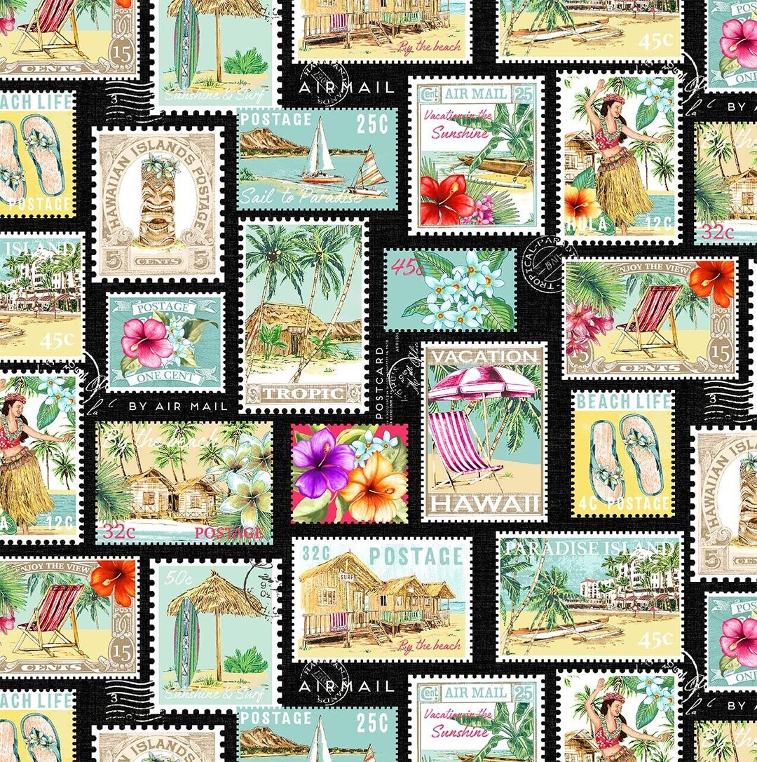 Tropical Postage Stamp Hawaii Design Fabric, Michael Miller Fabric, 100 ...