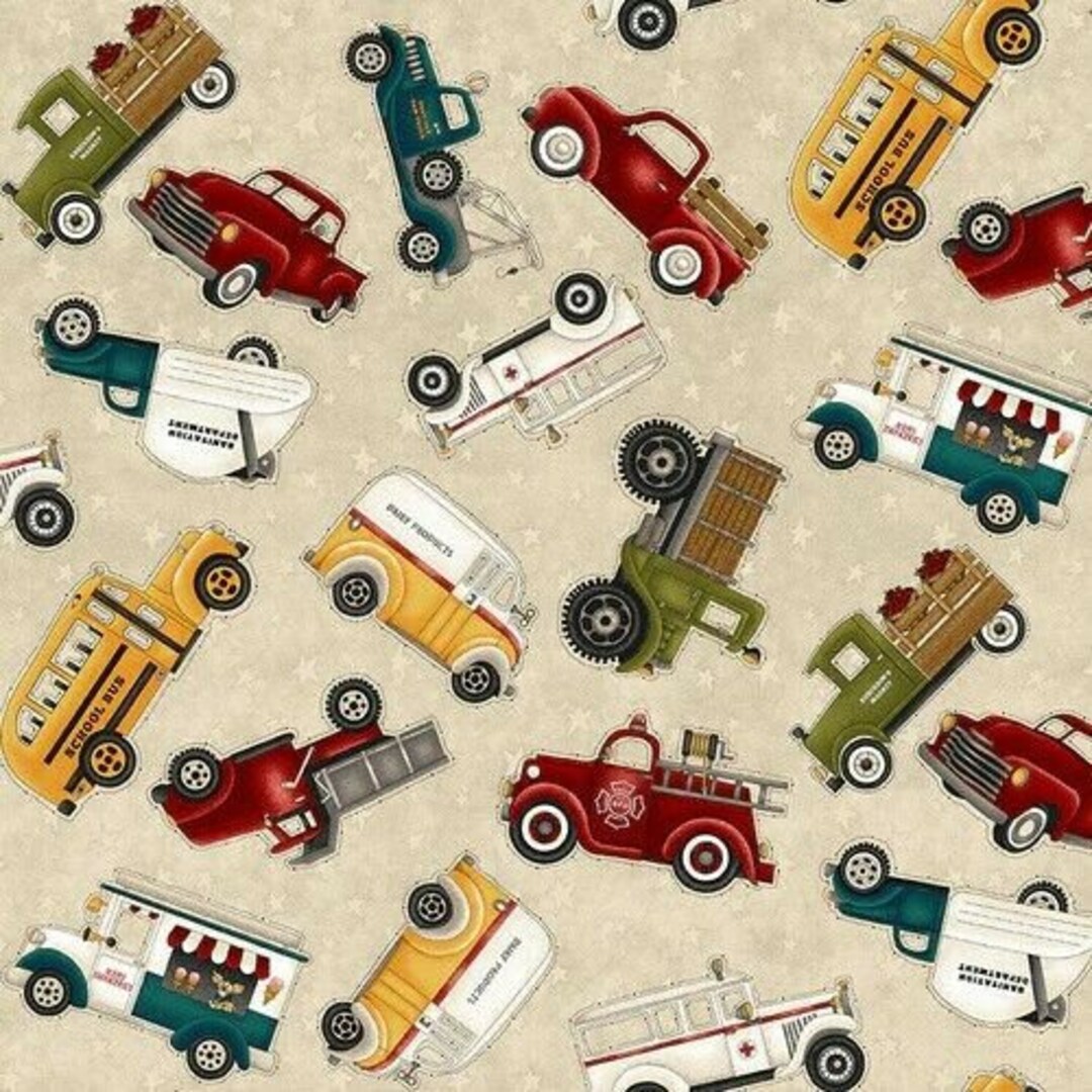 Truck Fabric, Papa's Old Truck Fabric, Vintage Trucks, School Bus, for ...