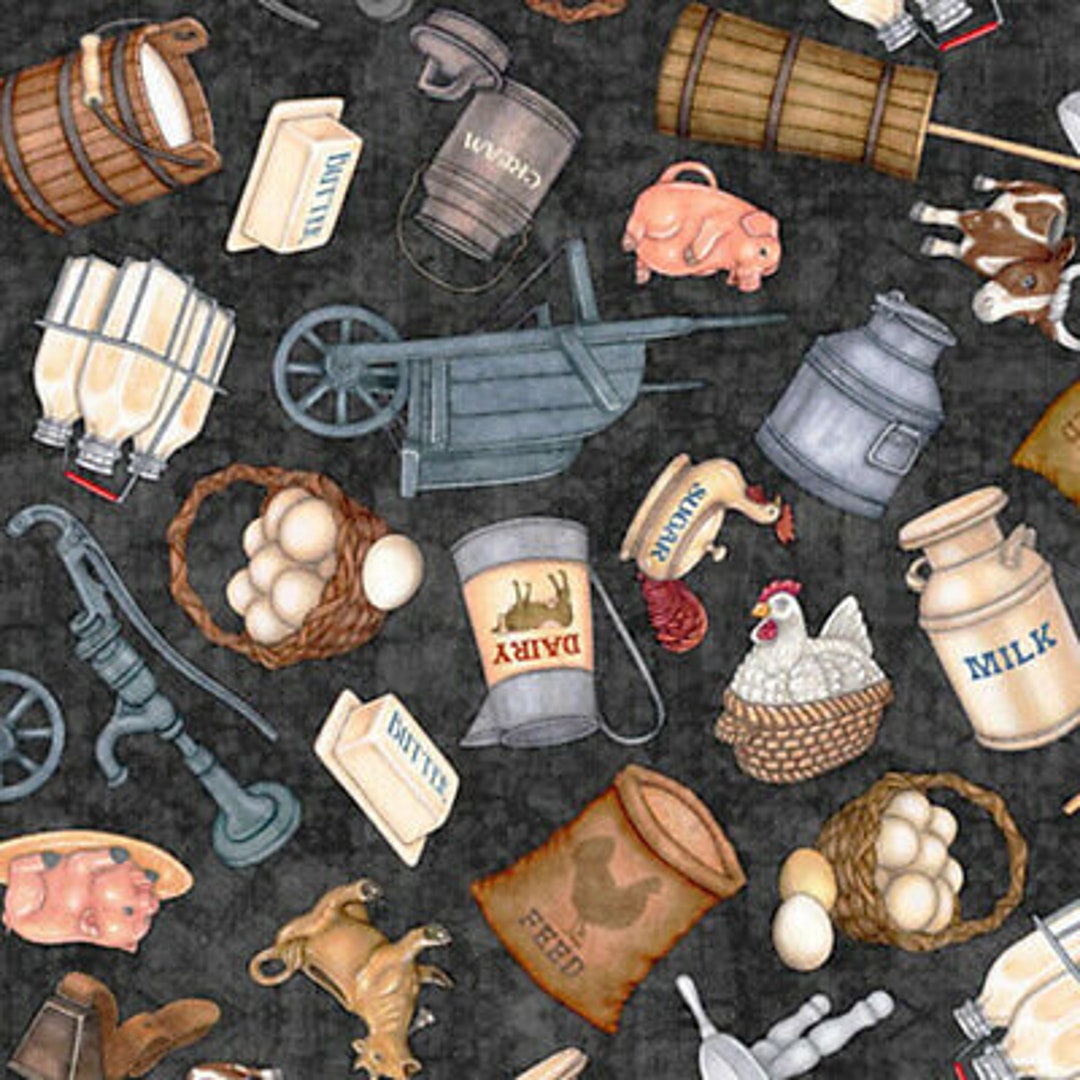 Farm Theme Fabric, Rustic Milk Churn, Farm House Country Material, 100% ...