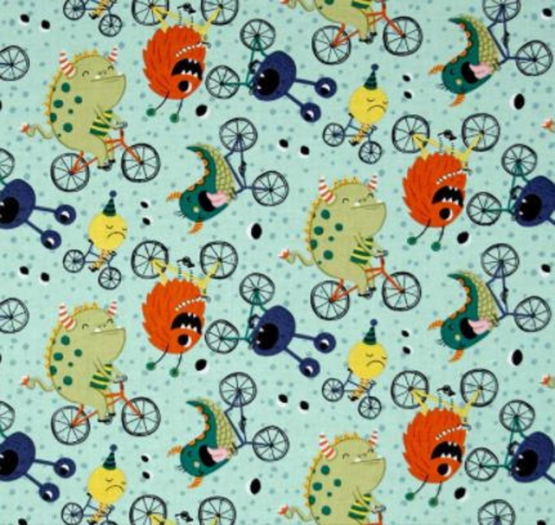 Monster Cycling Fabric, Blue Clothworks 100% Cotton Material ...