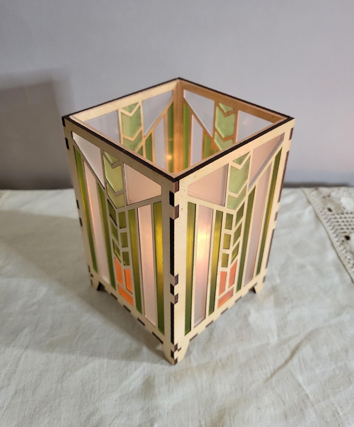 Prairie Style Lantern, Arts and Crafts Era Decor, Lime Olive Orange ...