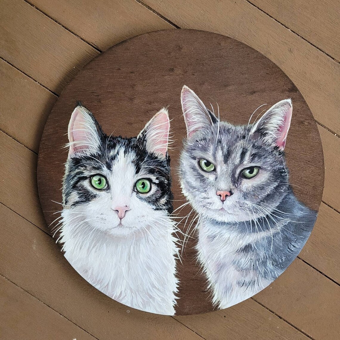 Custom Cat Portrait on Wood Painting on Round Accent Art Modern Decor ...