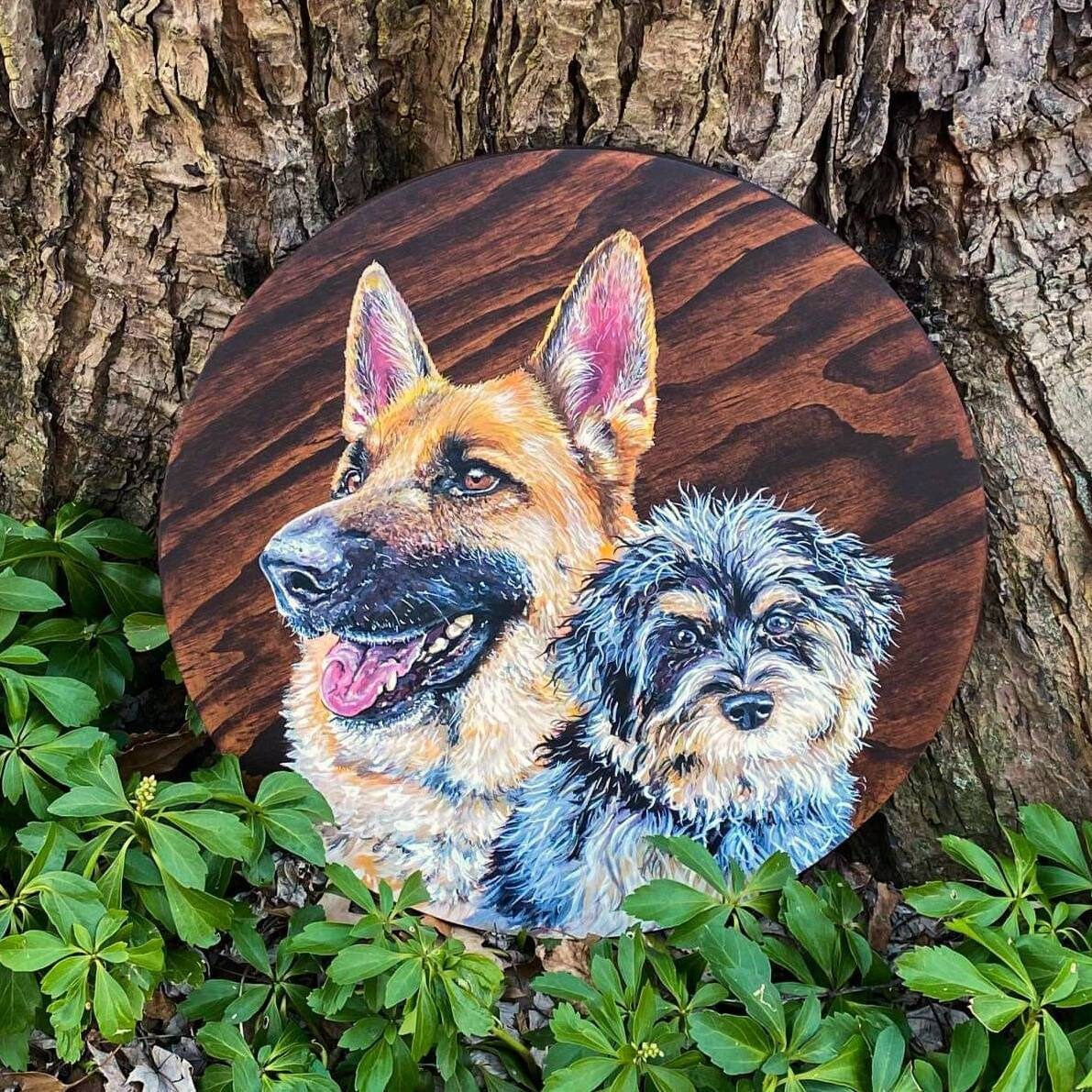 Custom Double Dog Portrait Painting Personalized on Wood Round | Etsy