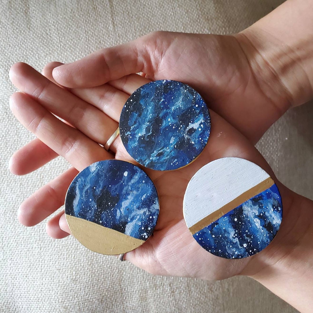 2" Celestial Magnet Wooden Handpainted Circle Fridge Moon and Stars ...
