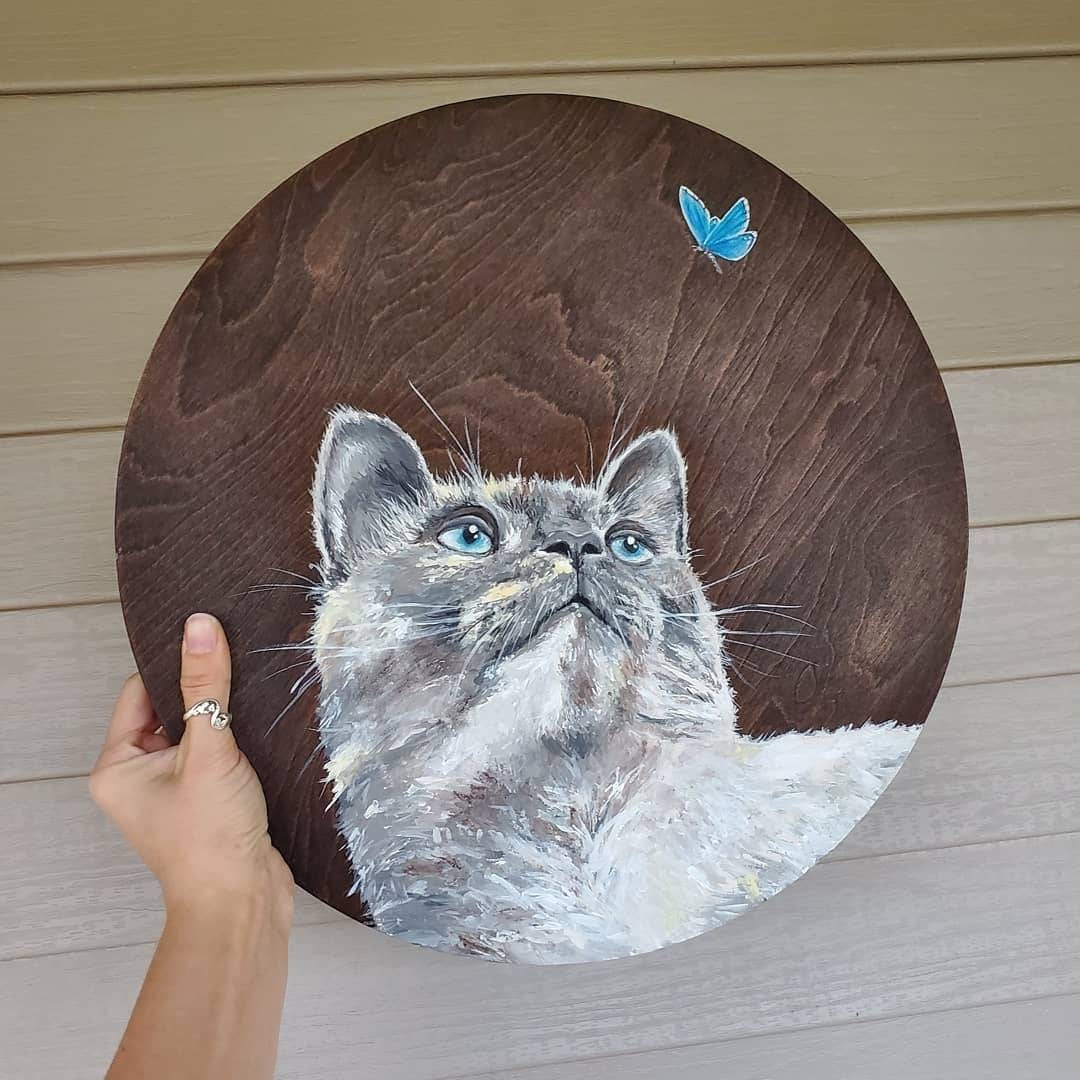 Custom Cat Portrait on Wood Painting on Round Art Modern Decor | Etsy