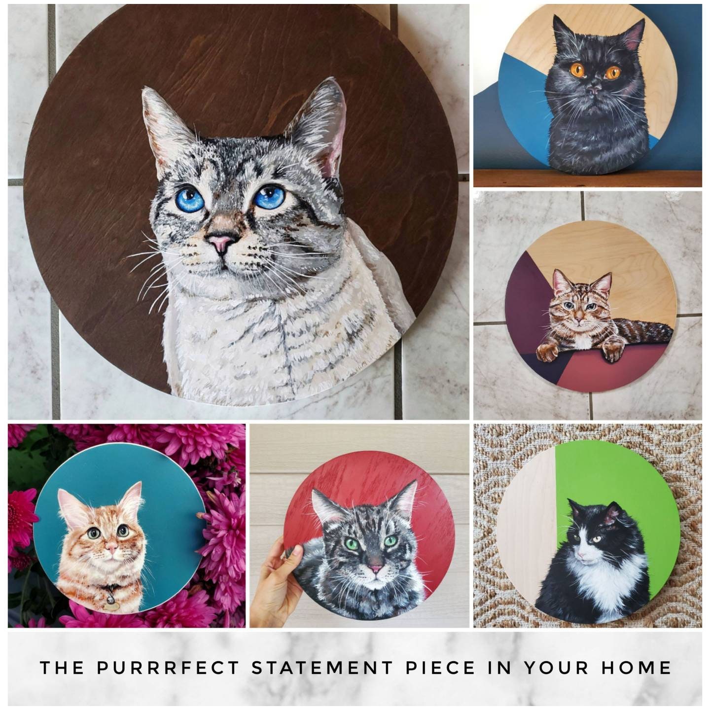 Custom Cat Portrait on Wood Painting on Round Accent Art Modern Decor ...