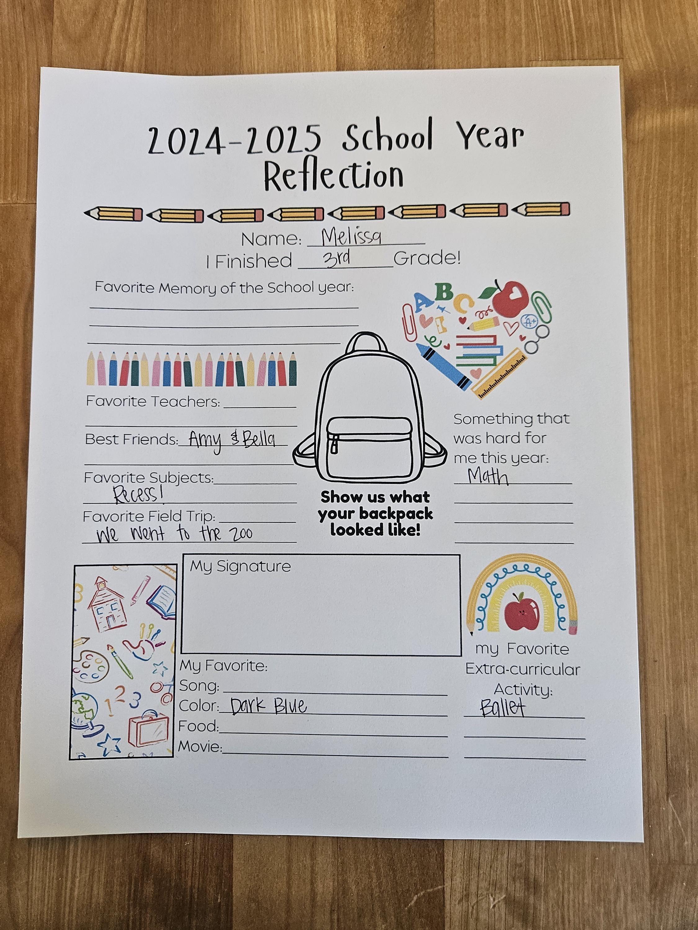 End of School Reflection Worksheet, Digital Download, End of School ...