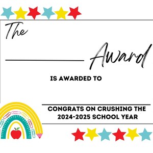 End of School Year Award Certificate, Digital Download, Student Award ...