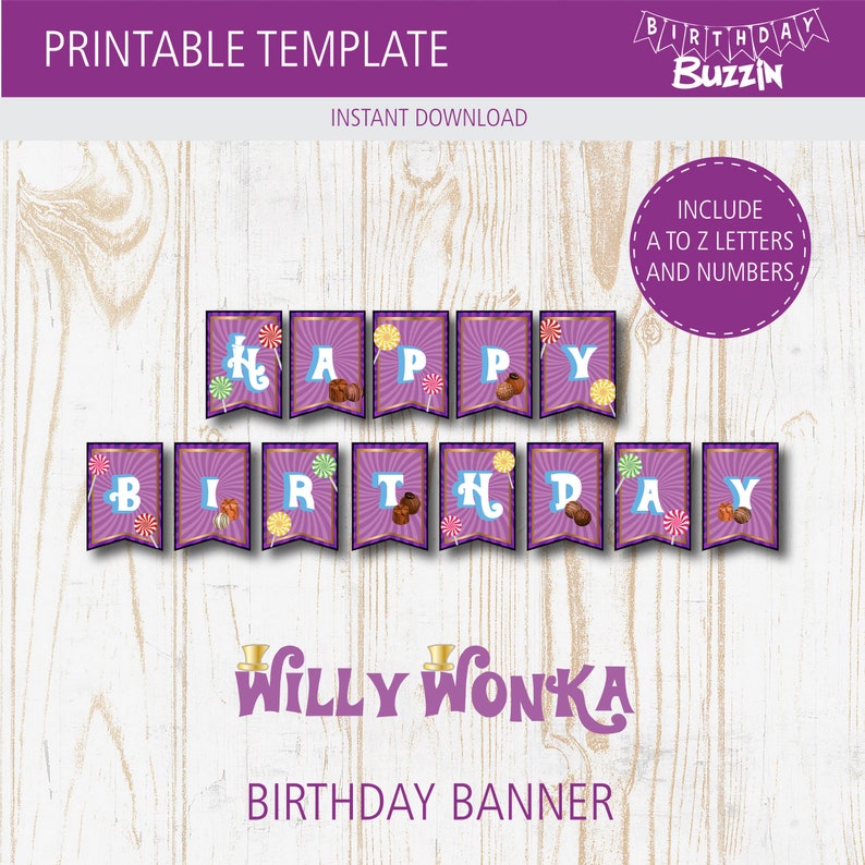 Willy Wonka Birthday Banner - Party Decoration, Template, Printable ...