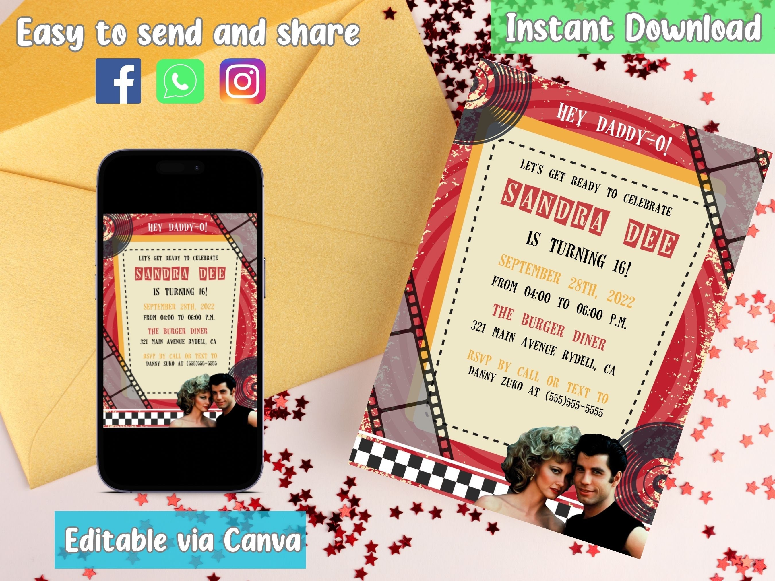 Grease Birthday Party Invitations Printable Template, Editable ...