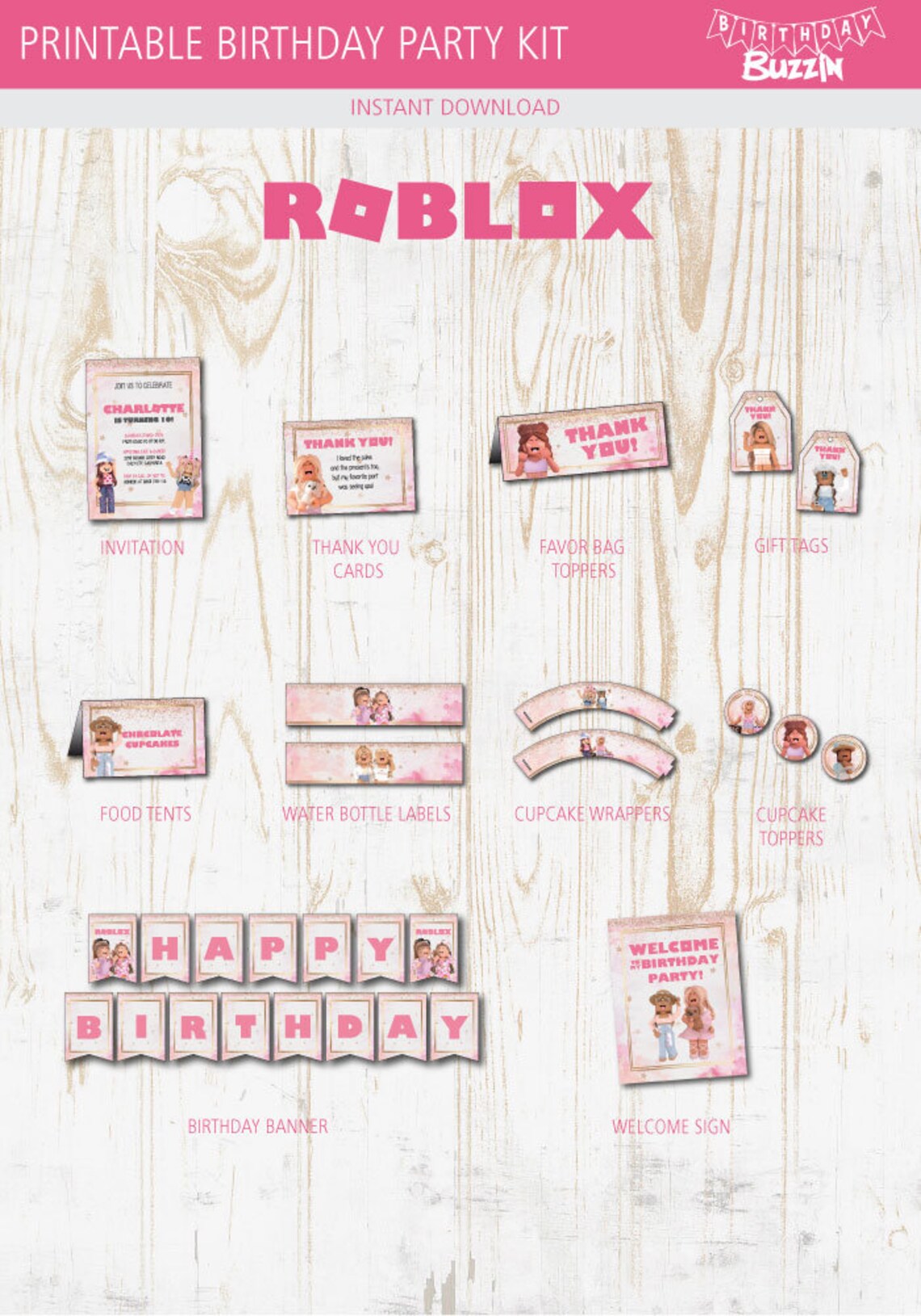 Pink Roblox Girl Birthday Party Printables Pack- Decorations W ...