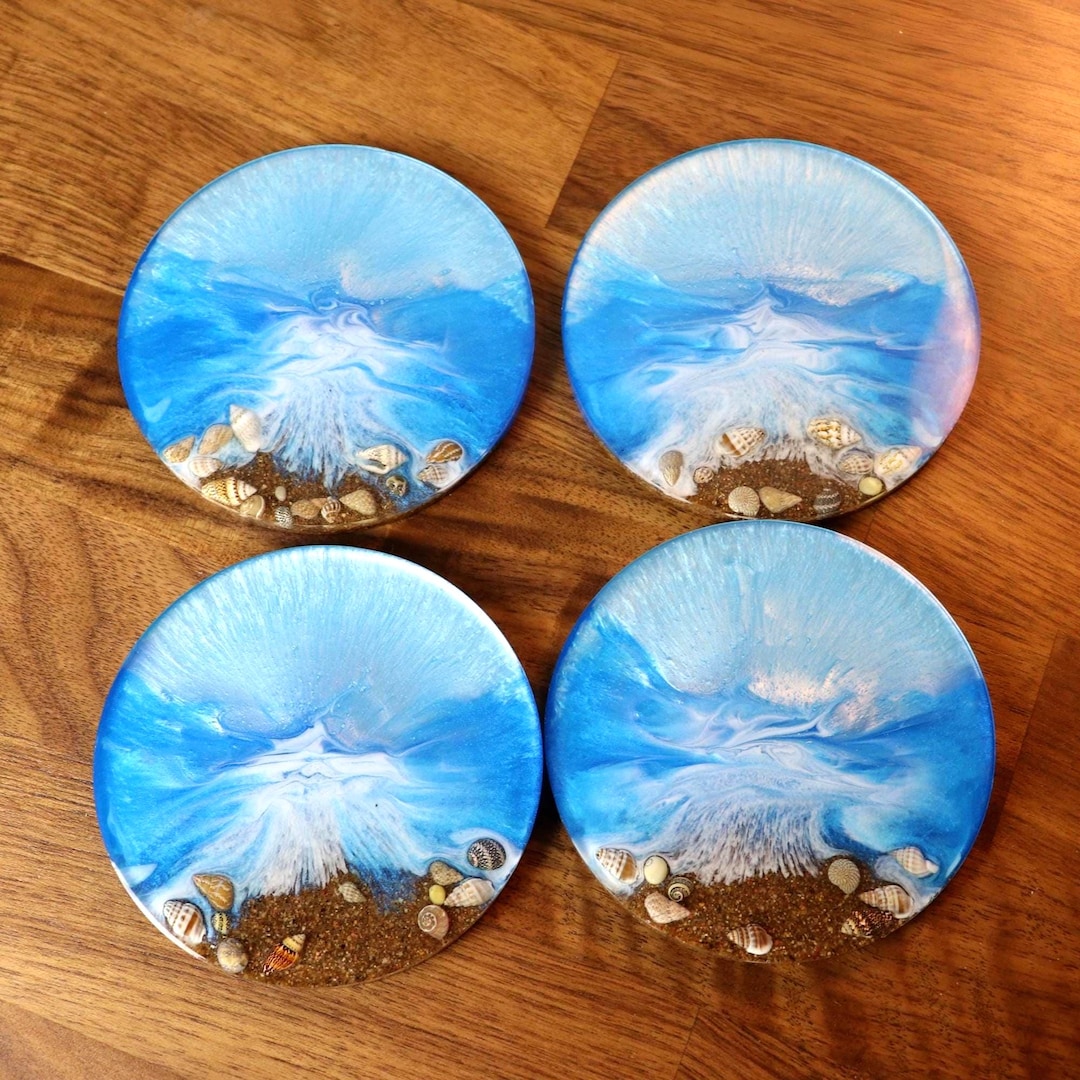 Resin Ocean Coasters: Handmade Epoxy Beach Decor - Etsy