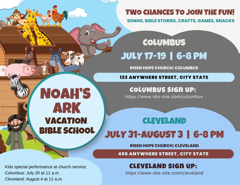 Noah's Ark VBS Flyer: Editable Canva Template, Two Locations (digital ...