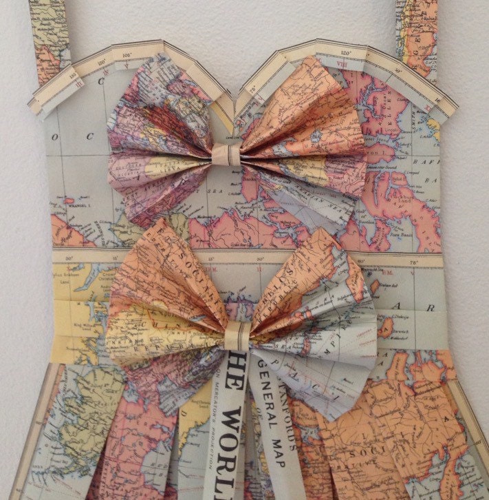 WORLD- 26" X 18" Hand Made Vintage World Map Dress- Bows, Nursery Wall ...