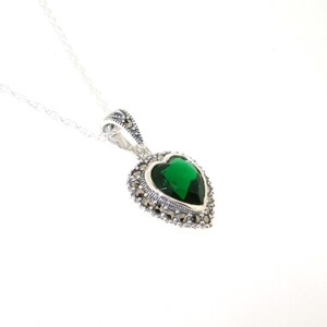 Emerald Green Heart Pendant Necklace Silver Marcasite on Chain - Etsy