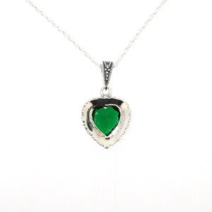 Emerald Green Heart Pendant Necklace Silver Marcasite on Chain - Etsy