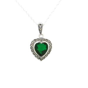Emerald Green Heart Pendant Necklace Silver Marcasite on Chain - Etsy