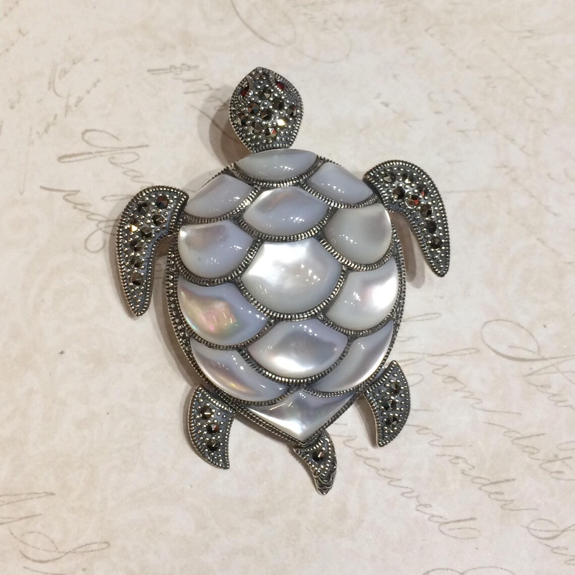 Turtle Brooch in Mother of Pearl Silver Marcasite - Etsy