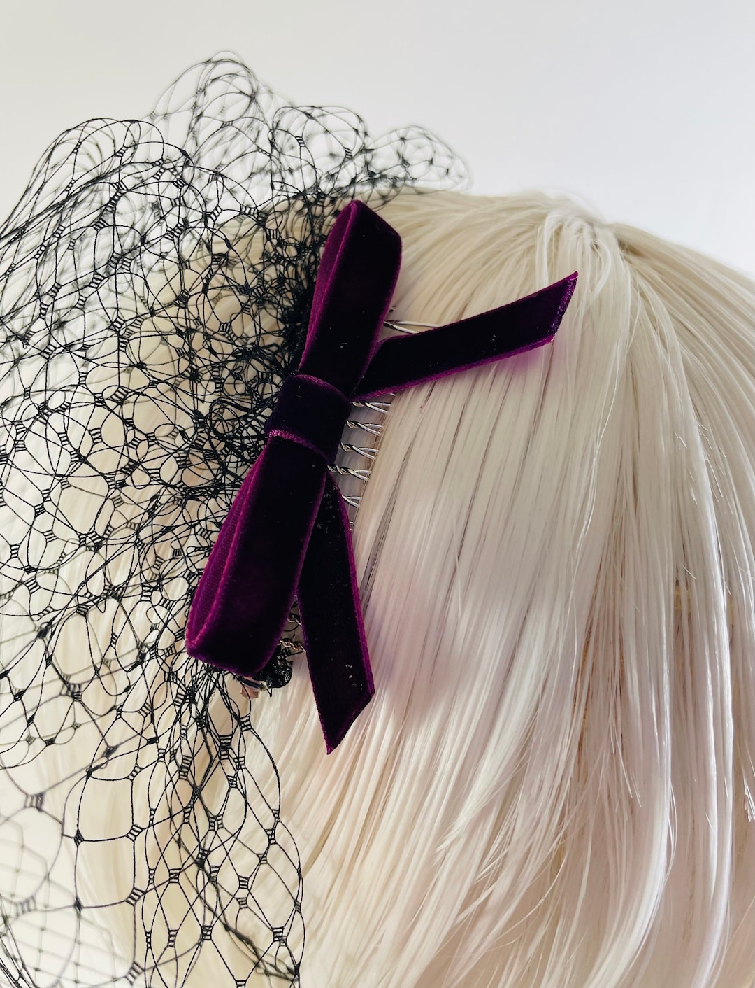 Plum - Velvet Bow Veil - Black Birdcage Veil - Funeral Veil - Mourning ...