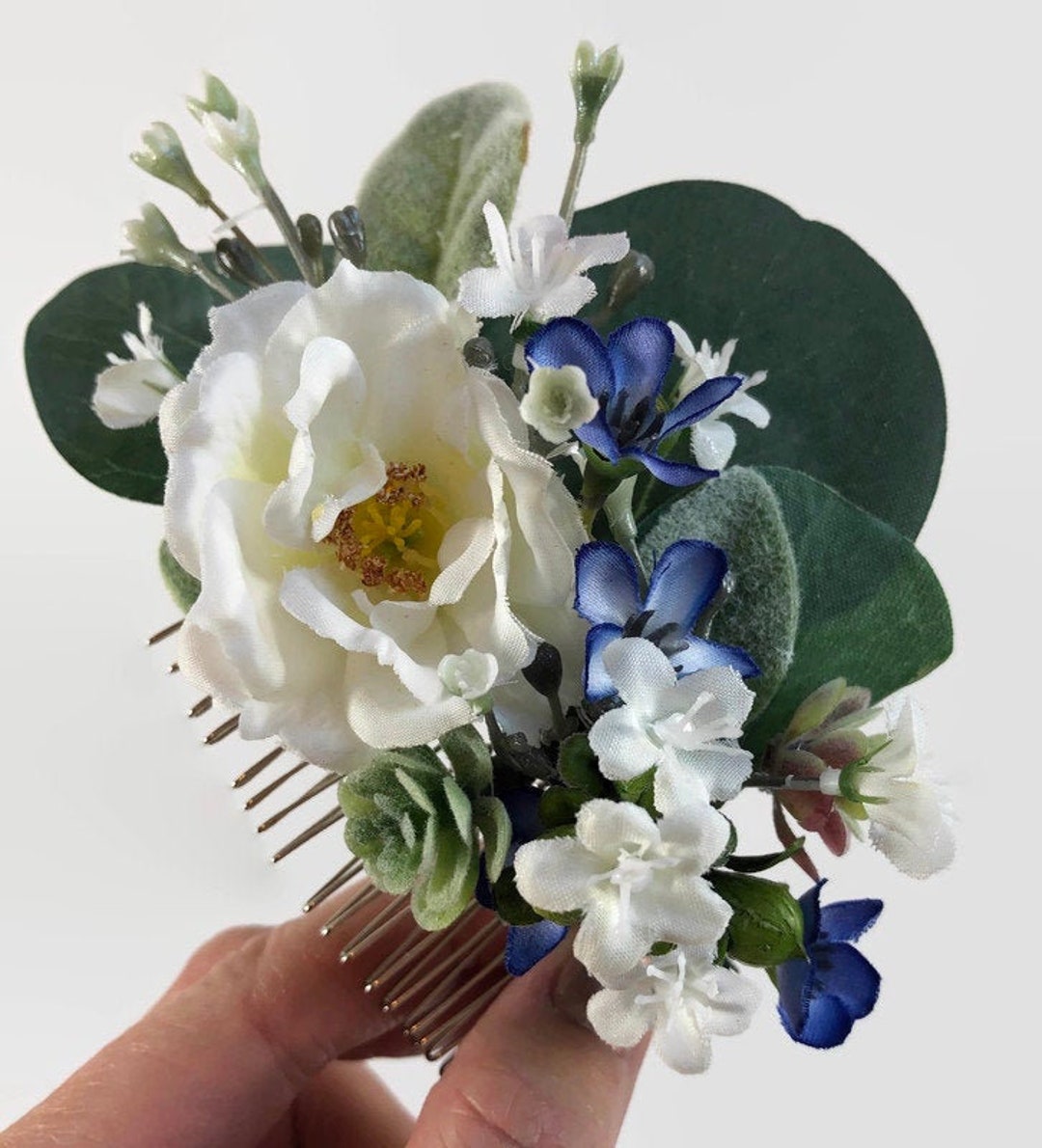 White Rose Hair Comb - Bridal Hair Comb - Succulent Hair Comb ...