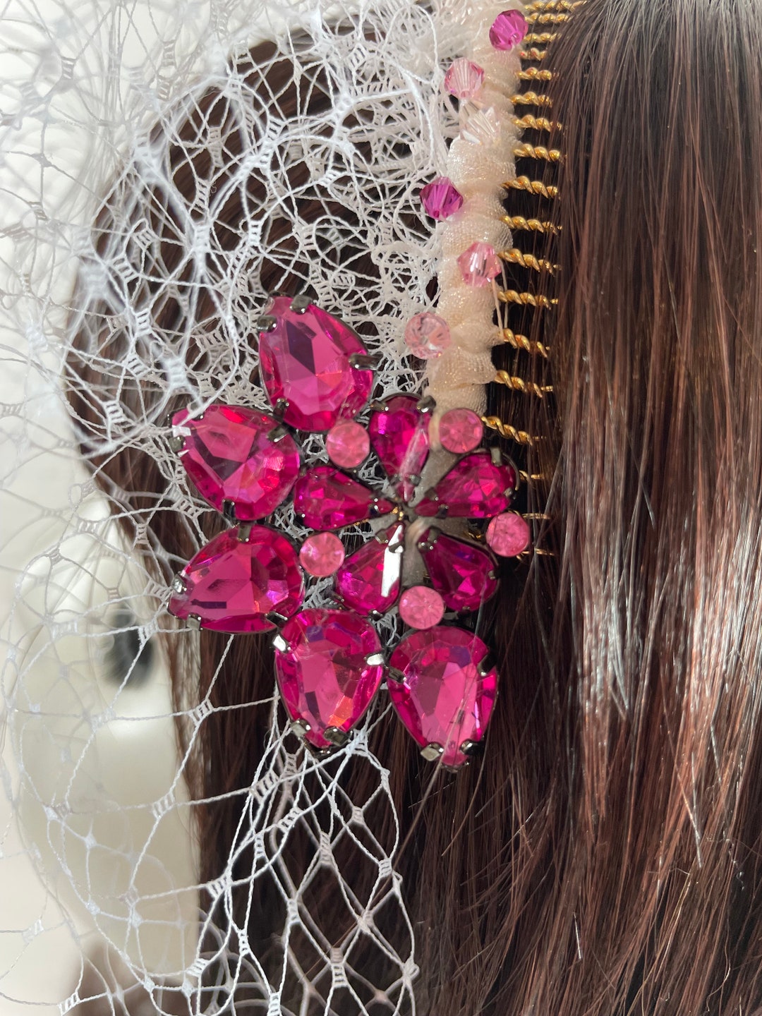 Pink Vintage Jewel Veil - Birdcage Veil - Blusher Veil - French Net ...