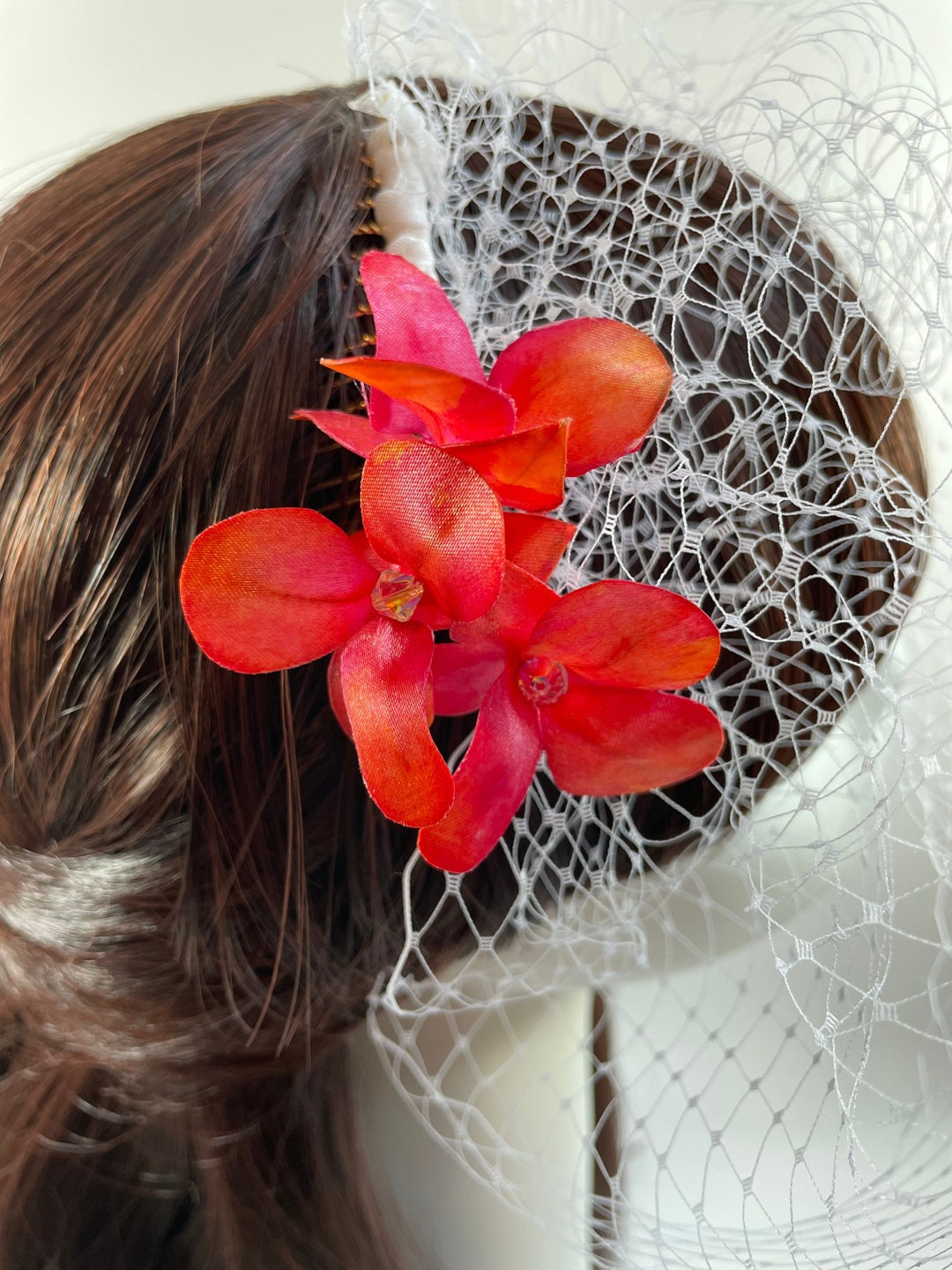 Orchid Veil - Orange Orchids - Beach Wedding Veil - Tropical Veil - Birdcage Veil - Bridal Veil ...
