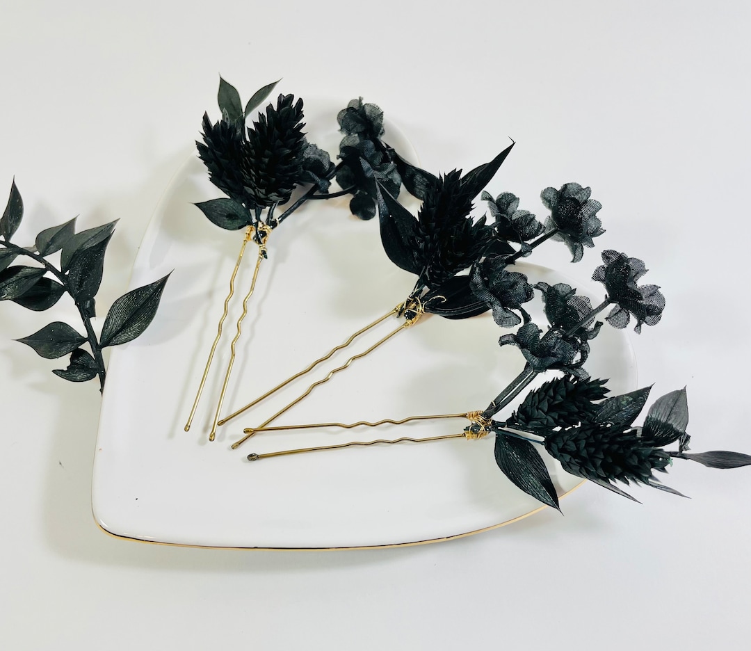 Black Dried Flower Hair Pins - Black Wedding - Black Bridal Hairpiece ...