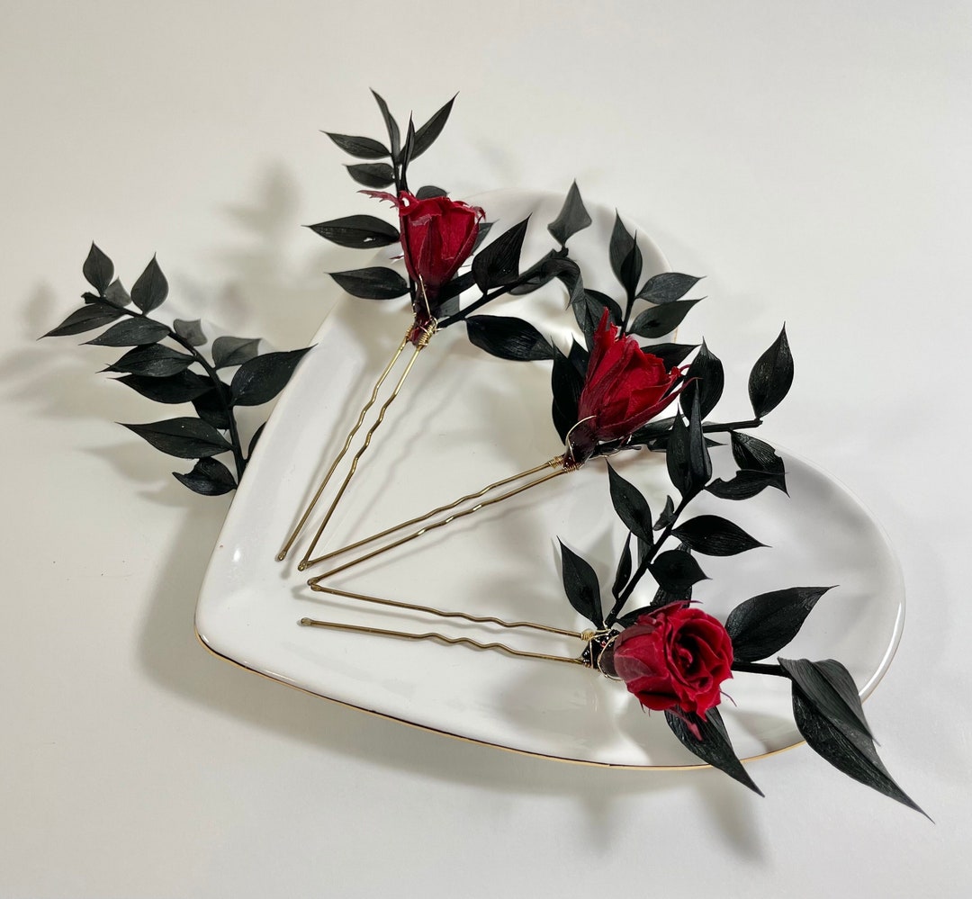 Halloween Hair Pins - Rose Hair Pins - Black Leaf Hair Pins - Halloween ...