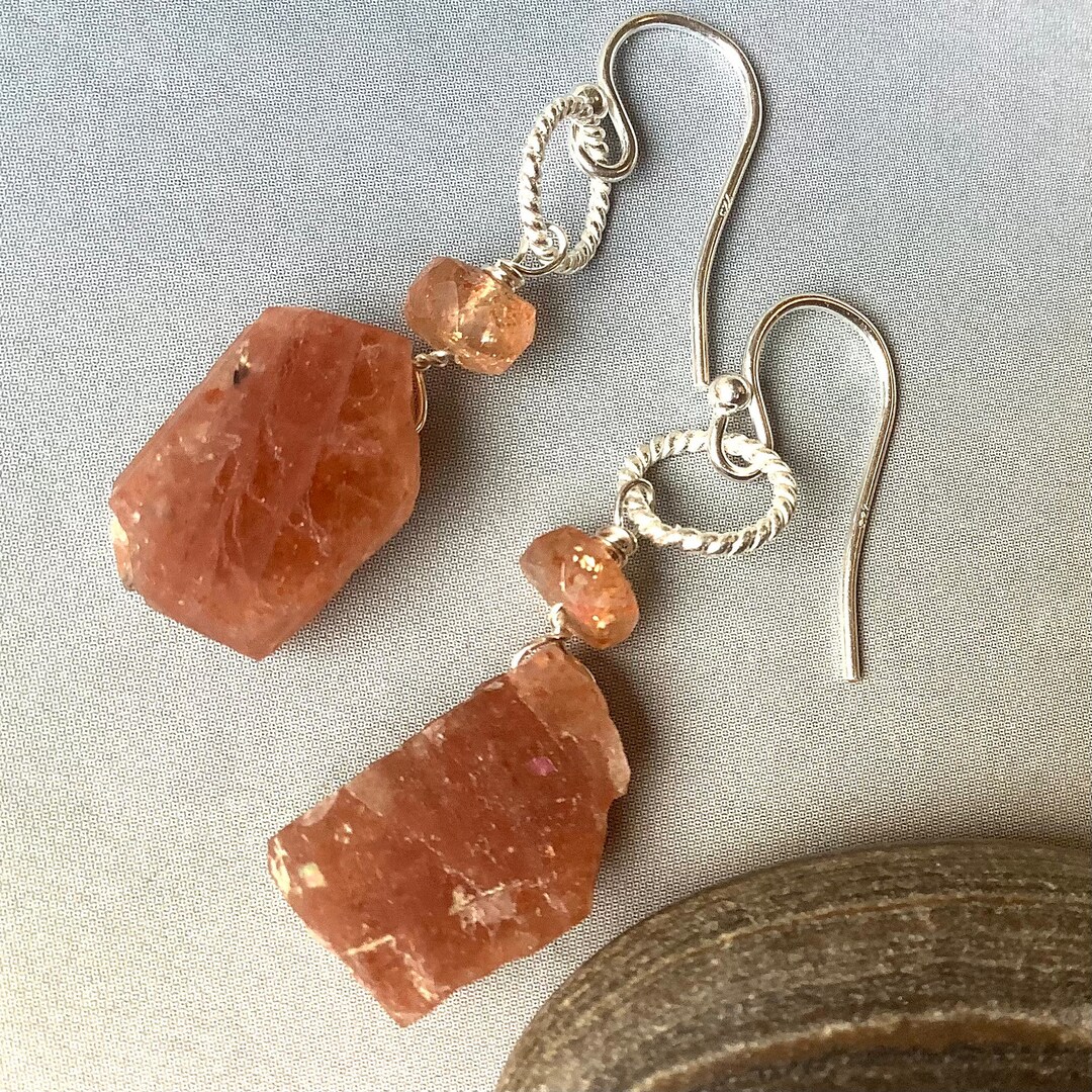 Sunstone Earrings, Sterling Silver, Sunstone Earrings, Sunstone Nugget Earrings, Hammer Cut ...