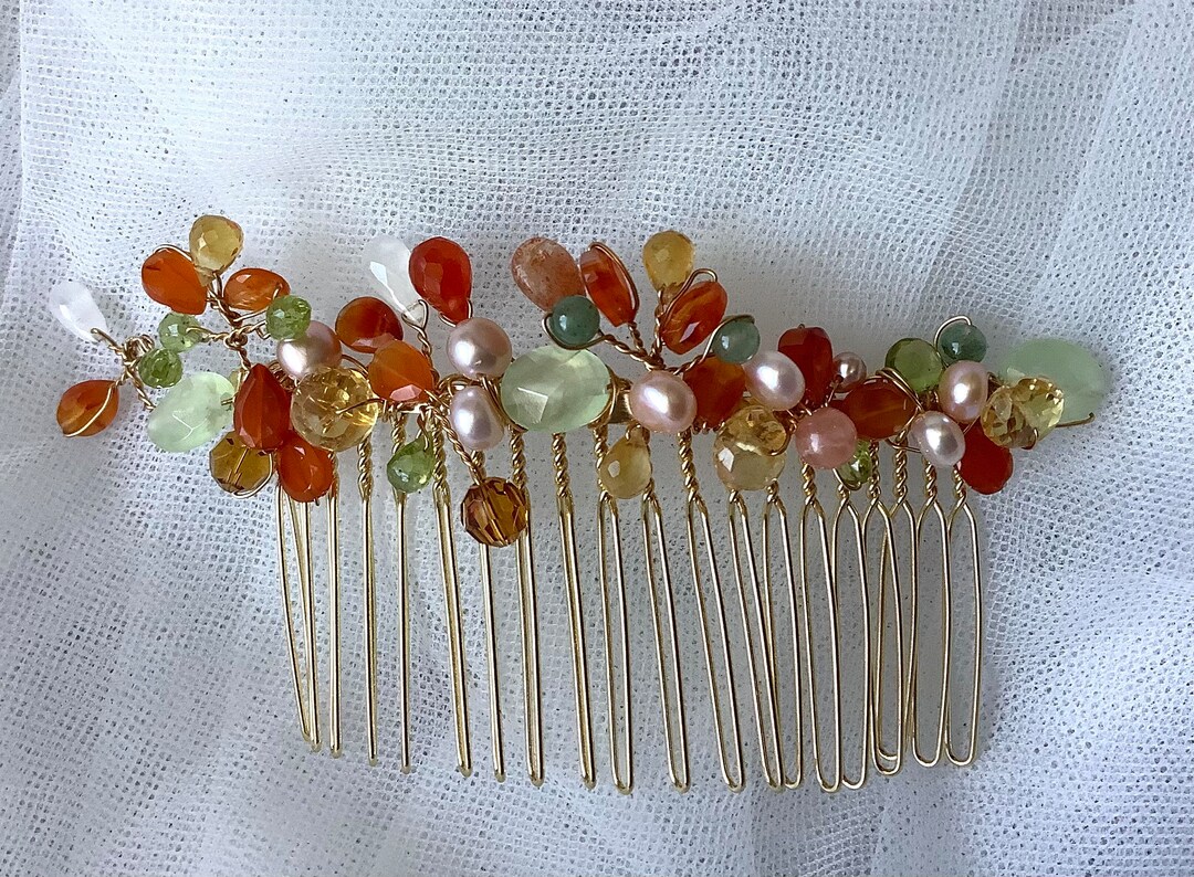 Orange Hair Comb, Carnelian Hairpiece, Citrine Hair Comb, Bridal Hair ...