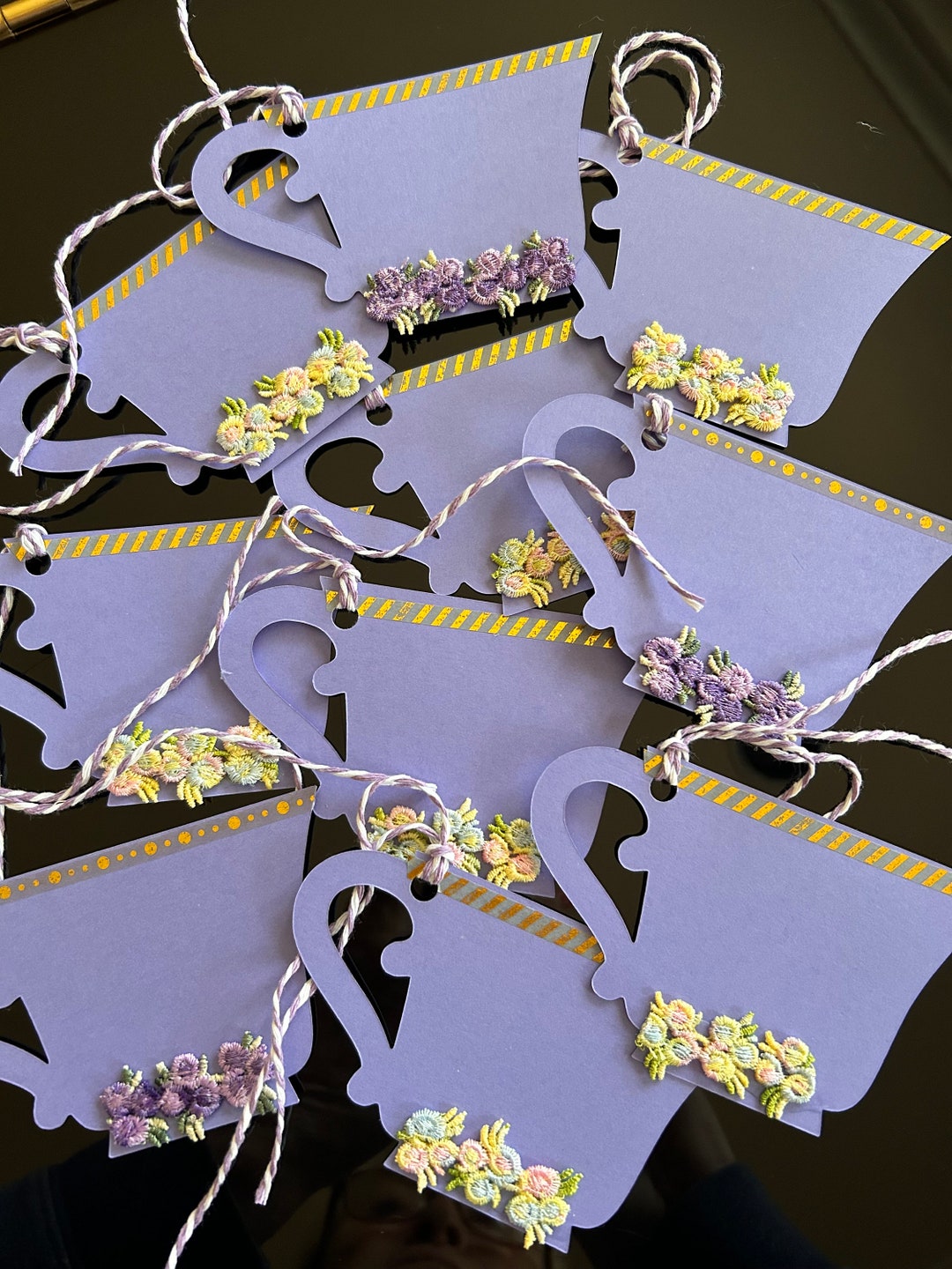 Purple Tea Cup Gift Tags, Floral Appliqué, Handmade, Set of 10 - Etsy