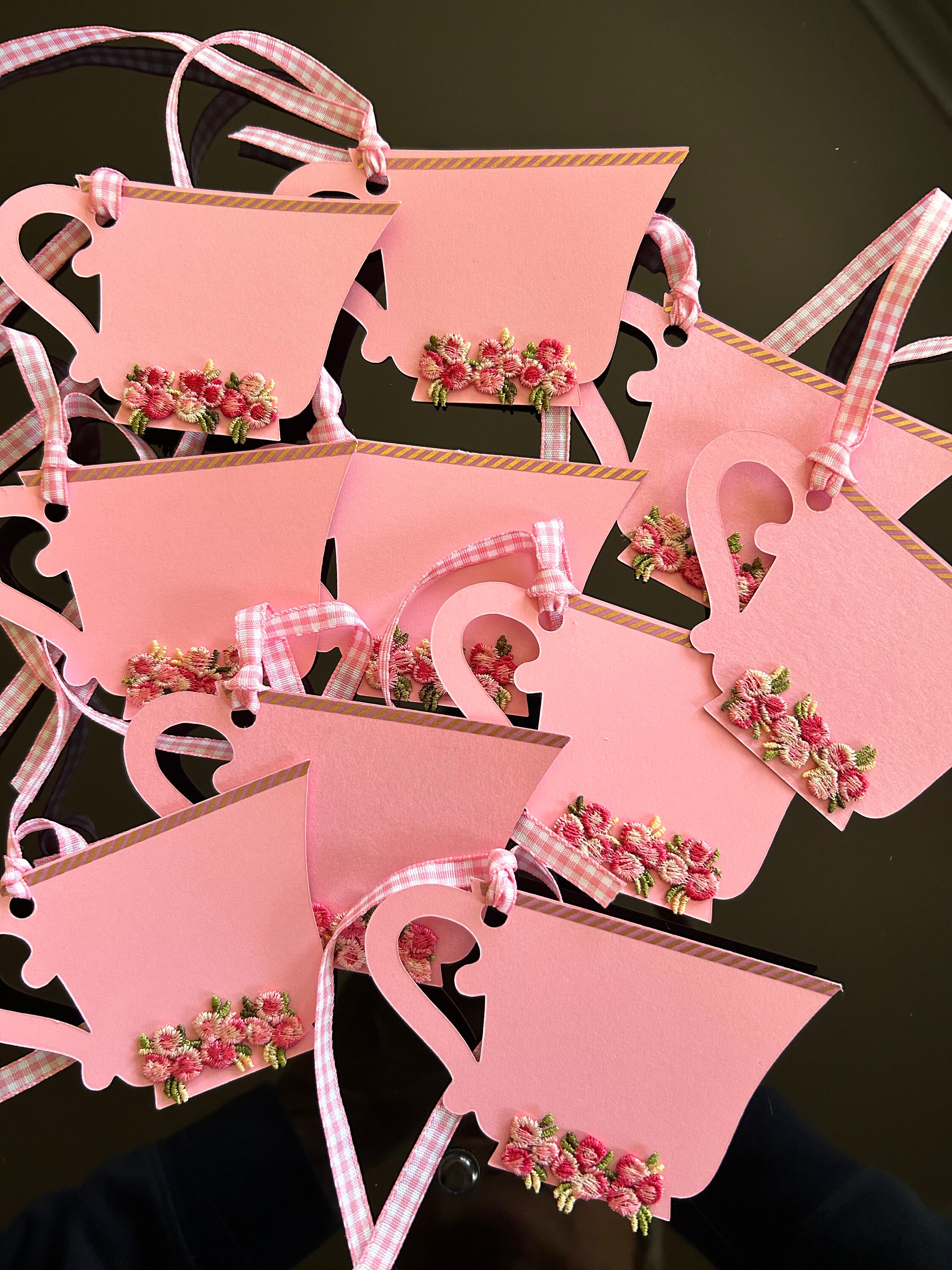 Pink Tea Cup Gift Tags Featuring Appliqué and Gingham Ribbon. Large 2 ...