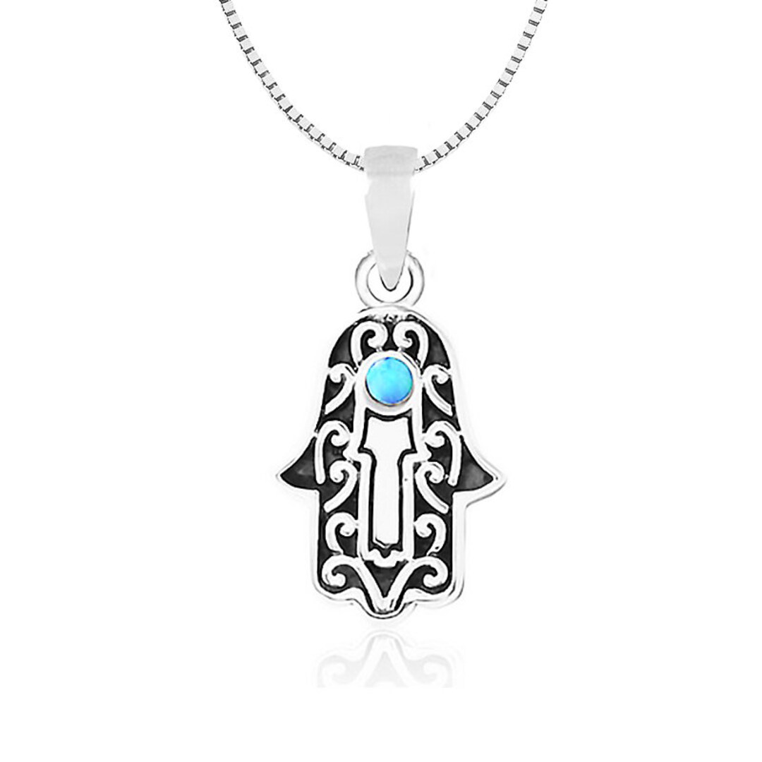 925 Sterling Silver Small Delicate“hamsa” Pendant Set With Opal Stone ...
