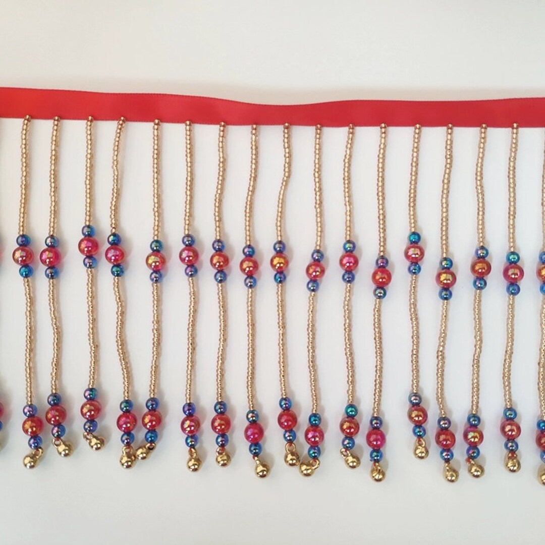 Handmade 90cm Long 10cm Wide Red High Shine Beads and Bells Beaded Fringe, Lampshade Fringe, DIY ...