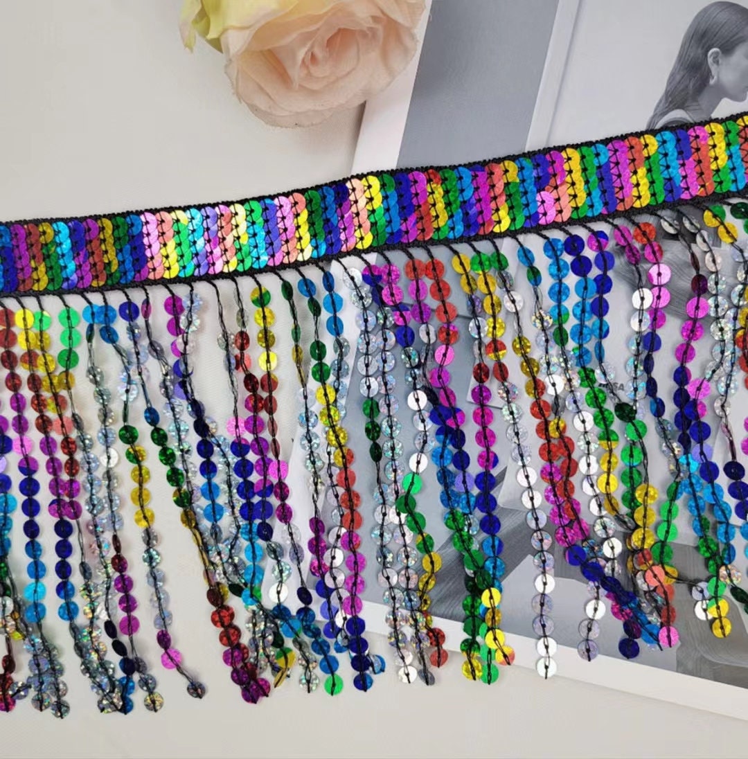 10 Yards 12 Inch Wide Thick Braided Band Rainbow Sequins Fringe ...